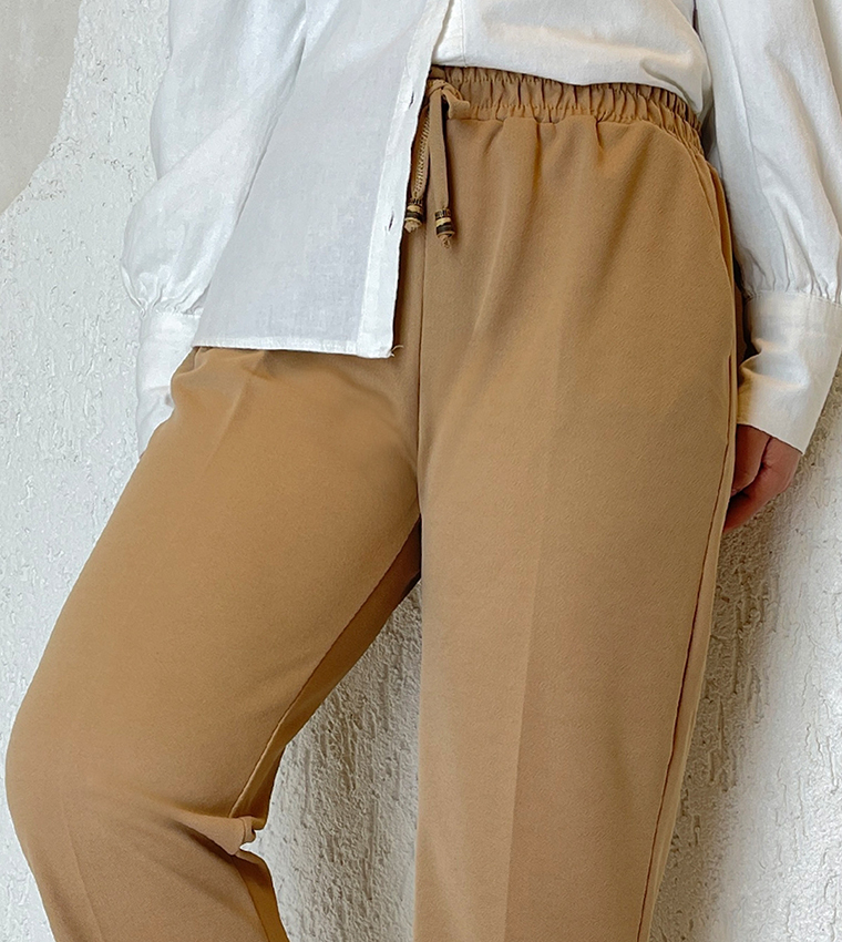 Buy INSTYLE Lycra Double Fabric Trousers With Drawstring Waist In Brown ...
