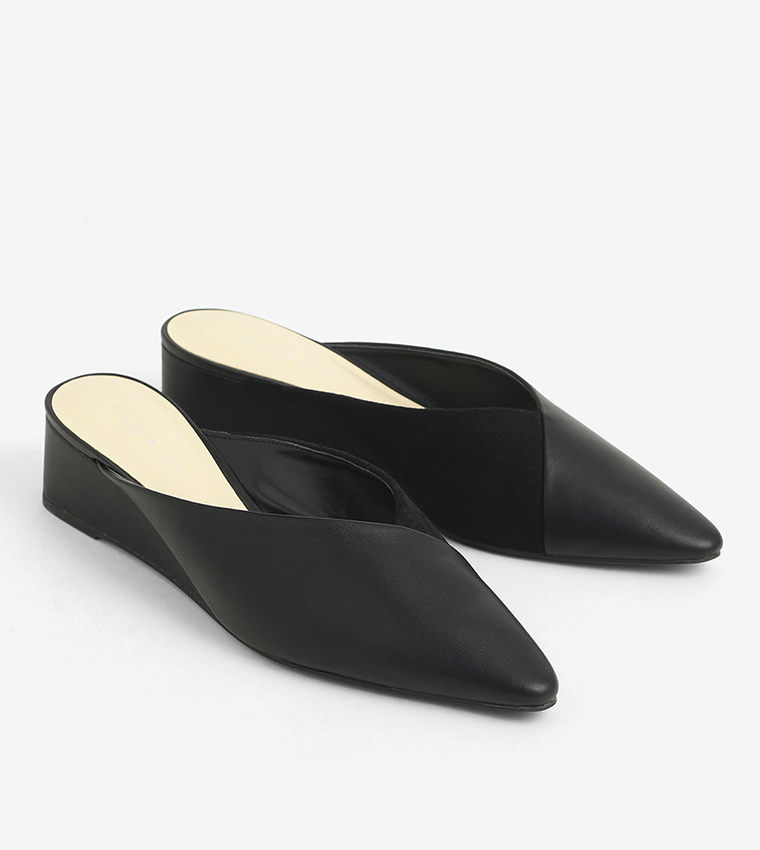 Buy Charles & Keith Textured Pointed Toe Wedge Heel Mules Black In ...