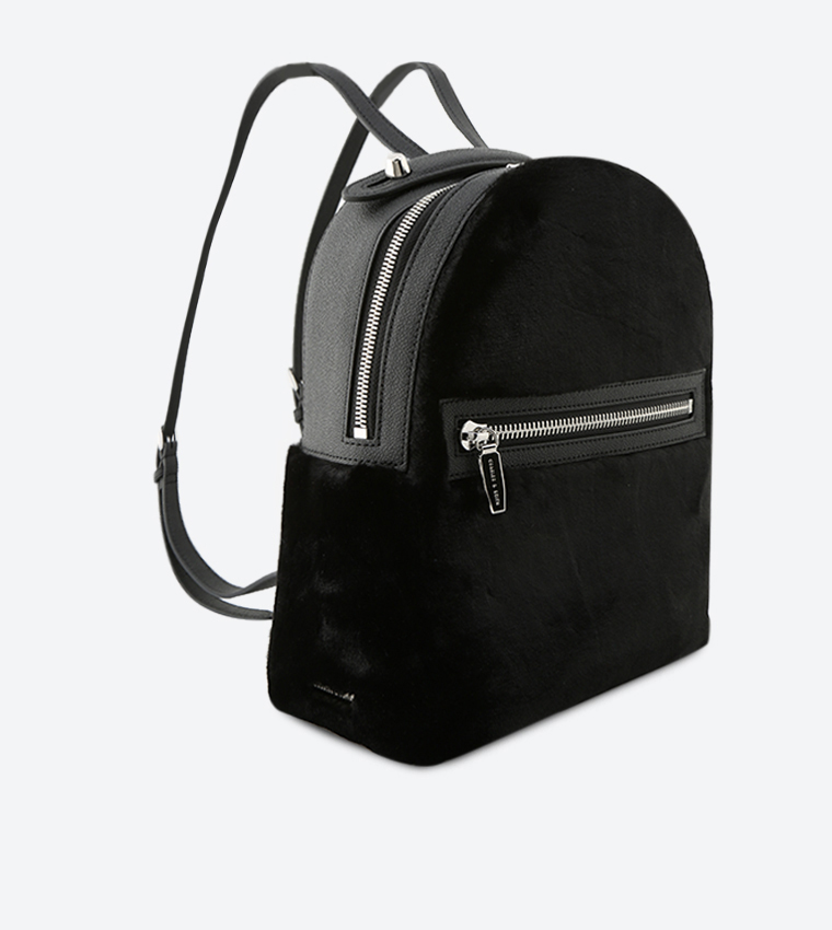 Buy Charles & Keith Front Zip Furry Backpack Black In Black | 6thStreet UAE
