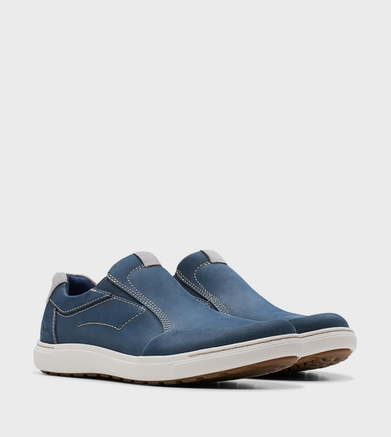 Buy Clarks Mapstone Step Textured Round Toe Slip On Shoes In Navy ...