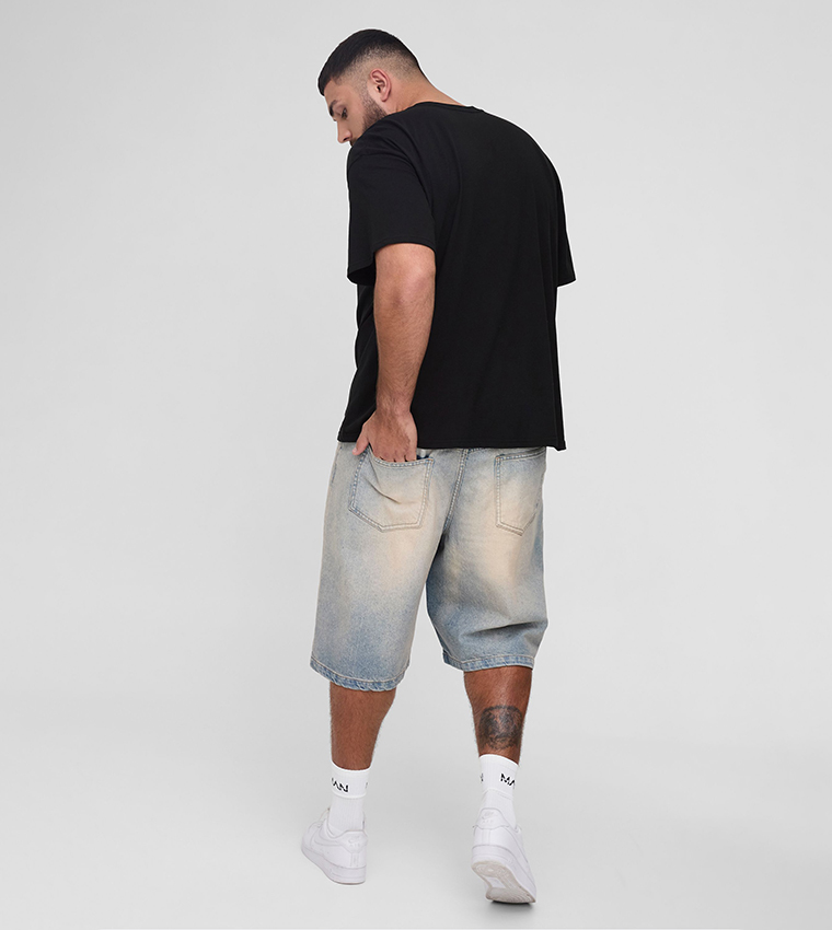 Buy BoohooMAN Plus & Tall Stonewash Relaxed Fit Jorts In Blue ...