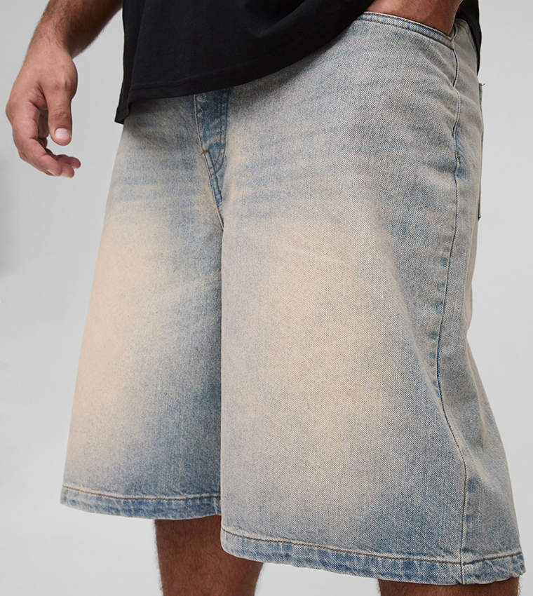 Buy BoohooMAN Plus & Tall Stonewash Relaxed Fit Jorts In Blue ...