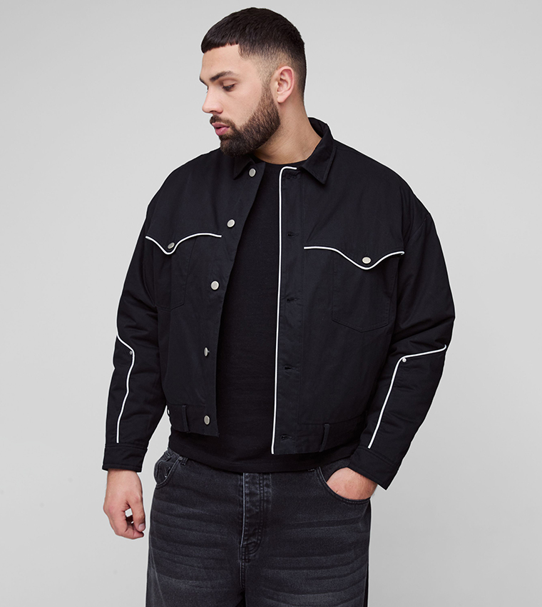 Buy BoohooMAN Plus & Tall Piping Detail Boxy Fit Padded Jacket In Black ...
