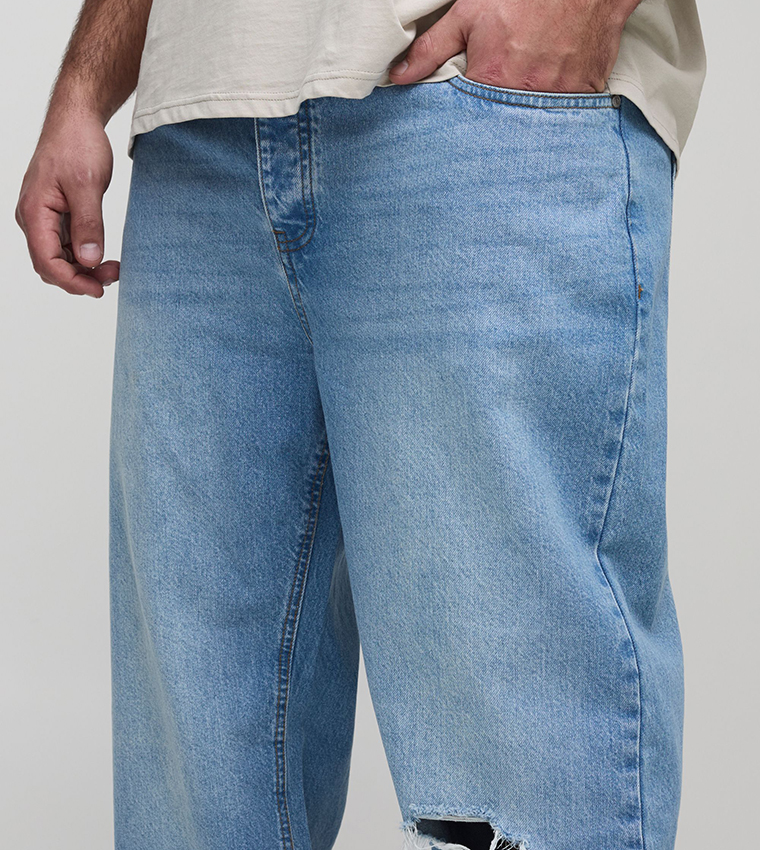 Buy BoohooMAN Plus & Tall Ripped Rigid Straight Fit Jeans In Light Blue ...