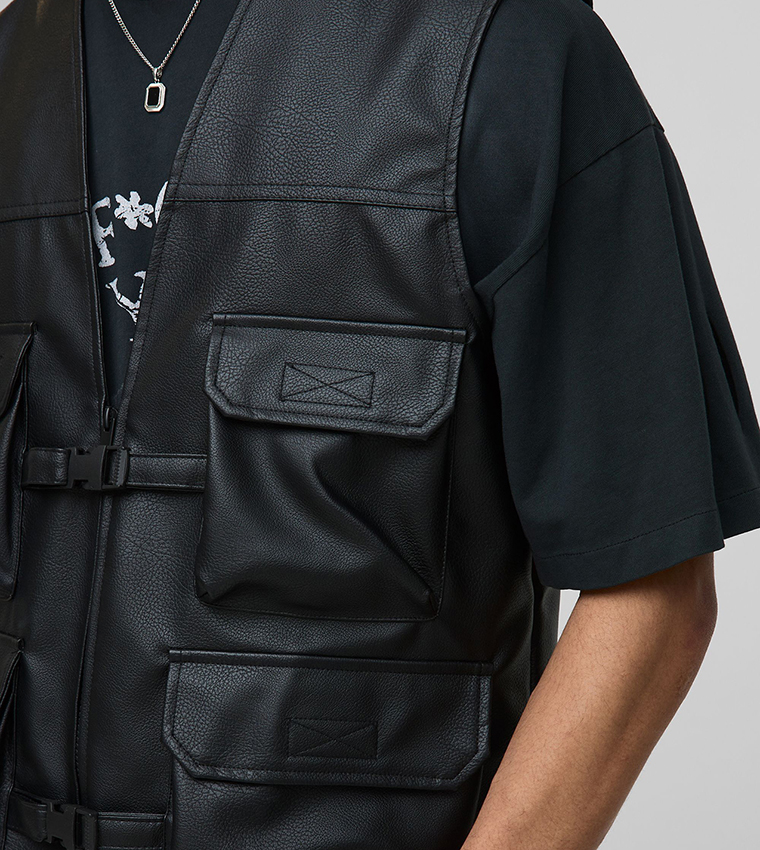 Buy BoohooMAN PU Utility Gilet In Black | 6thStreet UAE