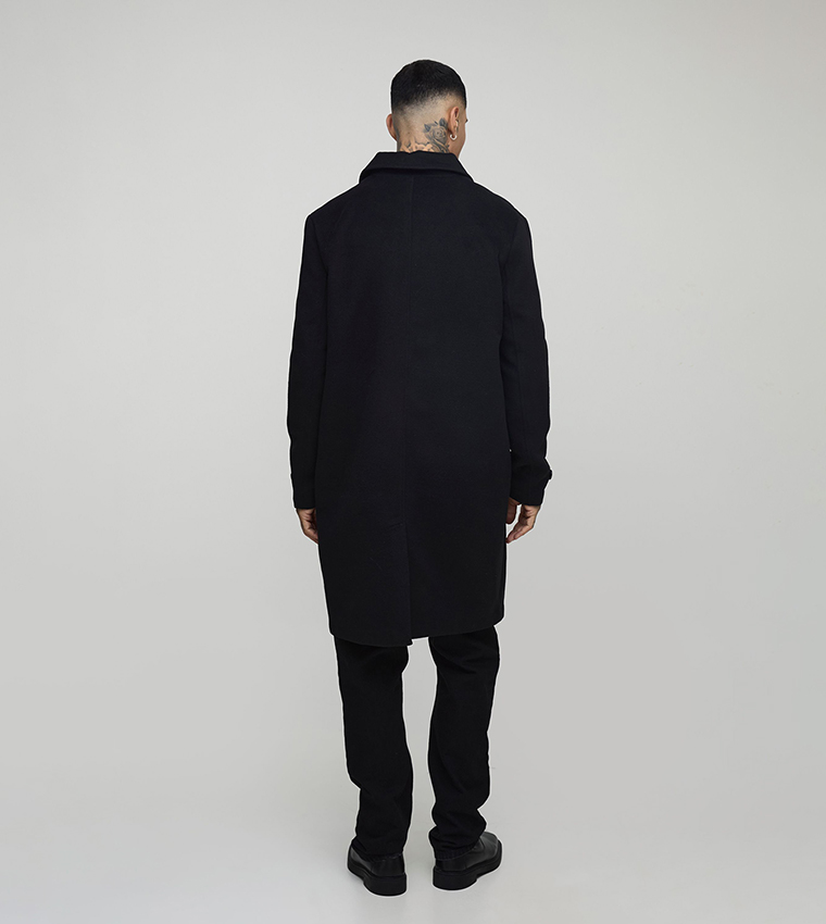 Buy BoohooMAN Tall Solid Regular Fit Collared Overcoat In Black ...