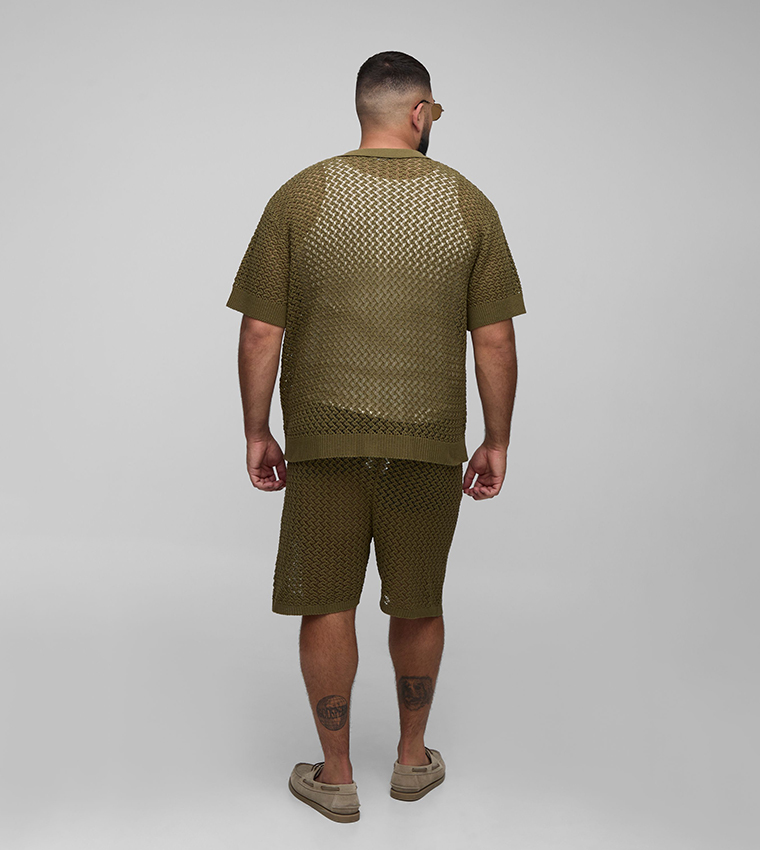 Buy BoohooMAN Open Crochet Boxy Fit Shirt & Shorts Set In Green ...