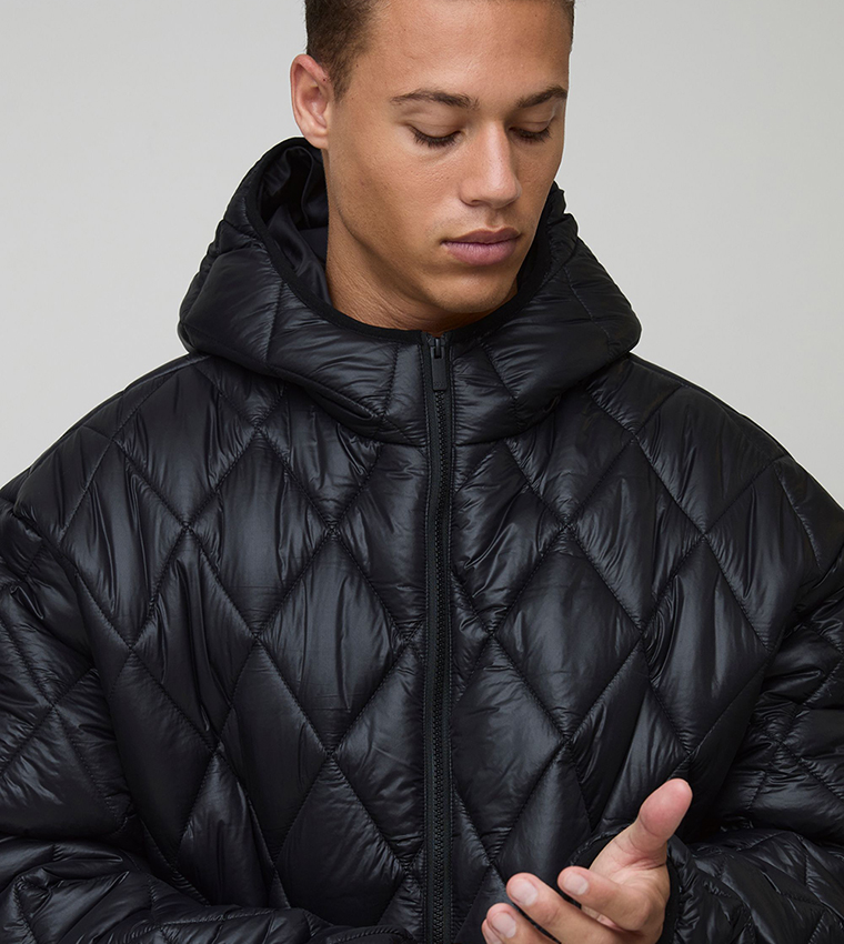 Buy BoohooMAN Tall Oversized High Shine Hooded Funnel Puffer Jacket In ...