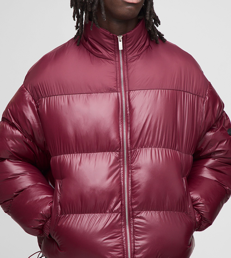 Buy BoohooMAN Shiny Boxy Fit Nylon Mix High Neck Puffer Jacket In ...