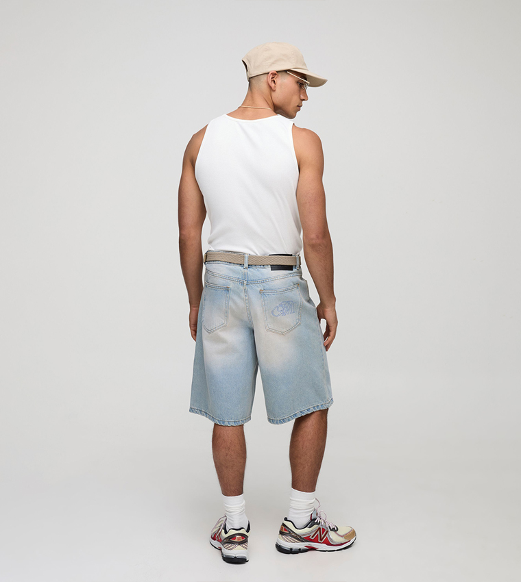 Buy BoohooMAN Regular Fit Stonewashed Embroidered Pocket Denim Jorts In ...