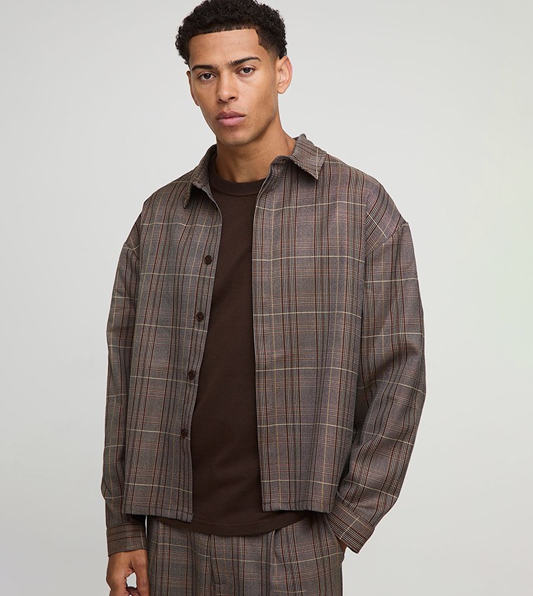 Buy BoohooMAN Heritage Check Oversized Overshirt In Brown | 6thStreet UAE