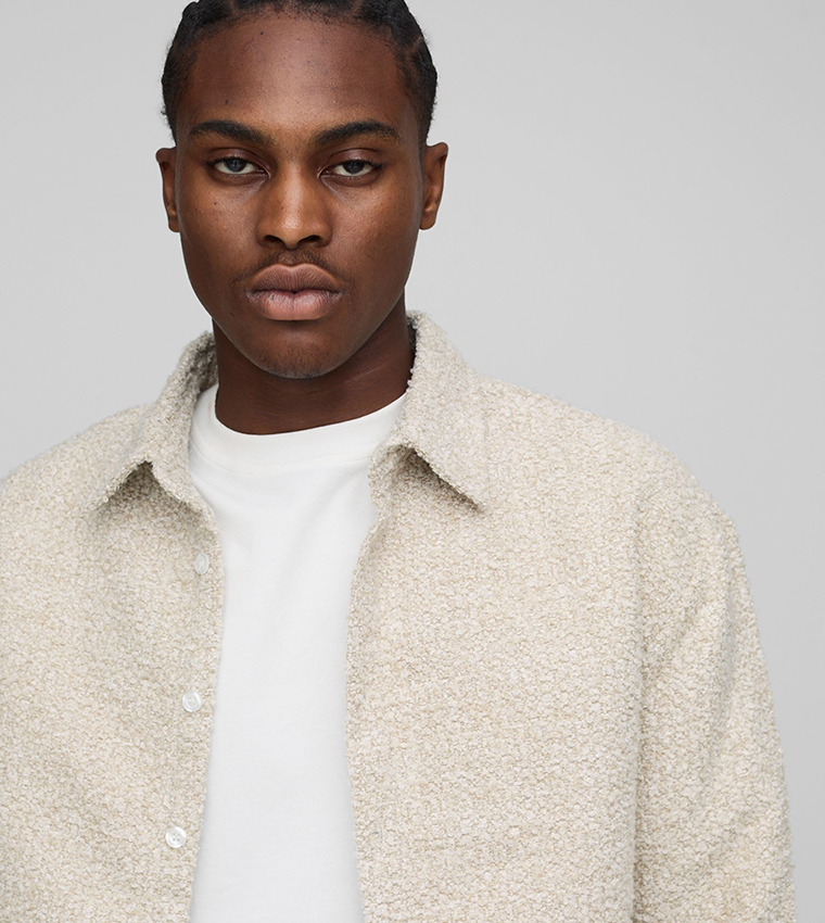 Buy BoohooMAN Regular Bungee Hem Boucle Overshirt In Ecru | 6thStreet Qatar