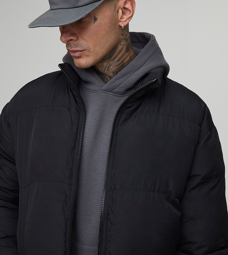 Buy BoohooMAN Tall Crinkle Nylon Funnel Neck Oversized Puffer Coat In ...