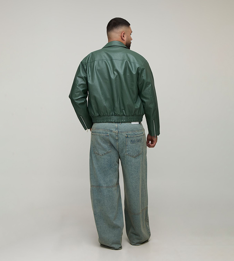 Buy BoohooMAN Plus & Tall Boxy Fit Zip Detail PU Collared Bomber Jacket ...
