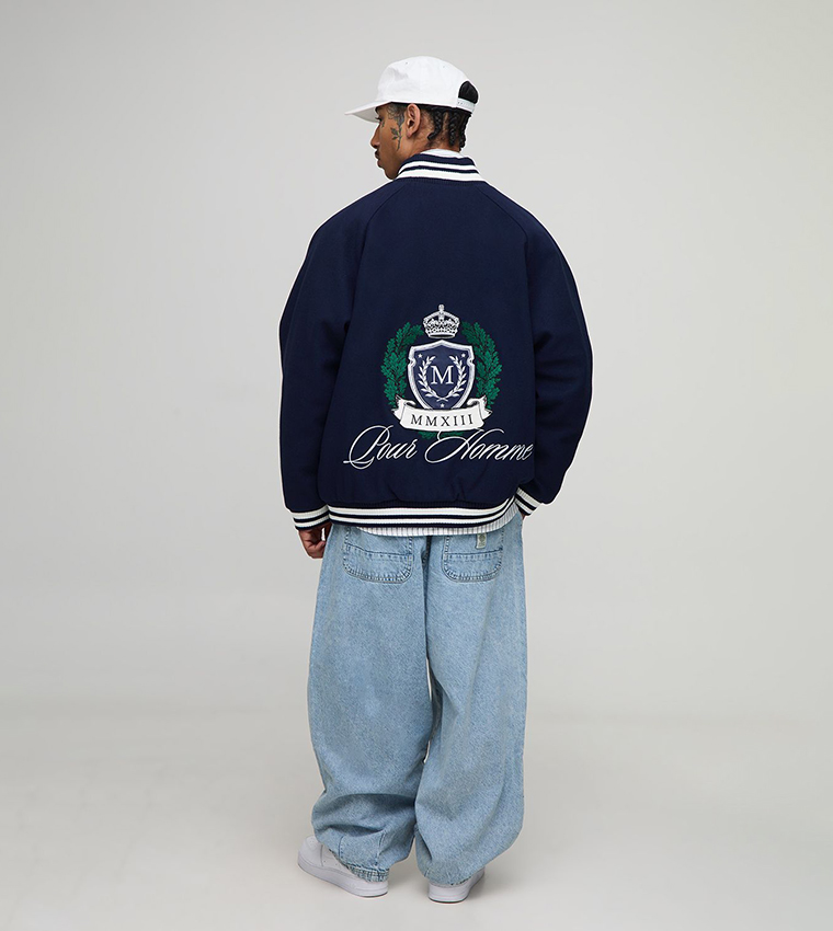 Buy BoohooMAN Melton High Neck Embroidered Crest Oversized Bomber ...