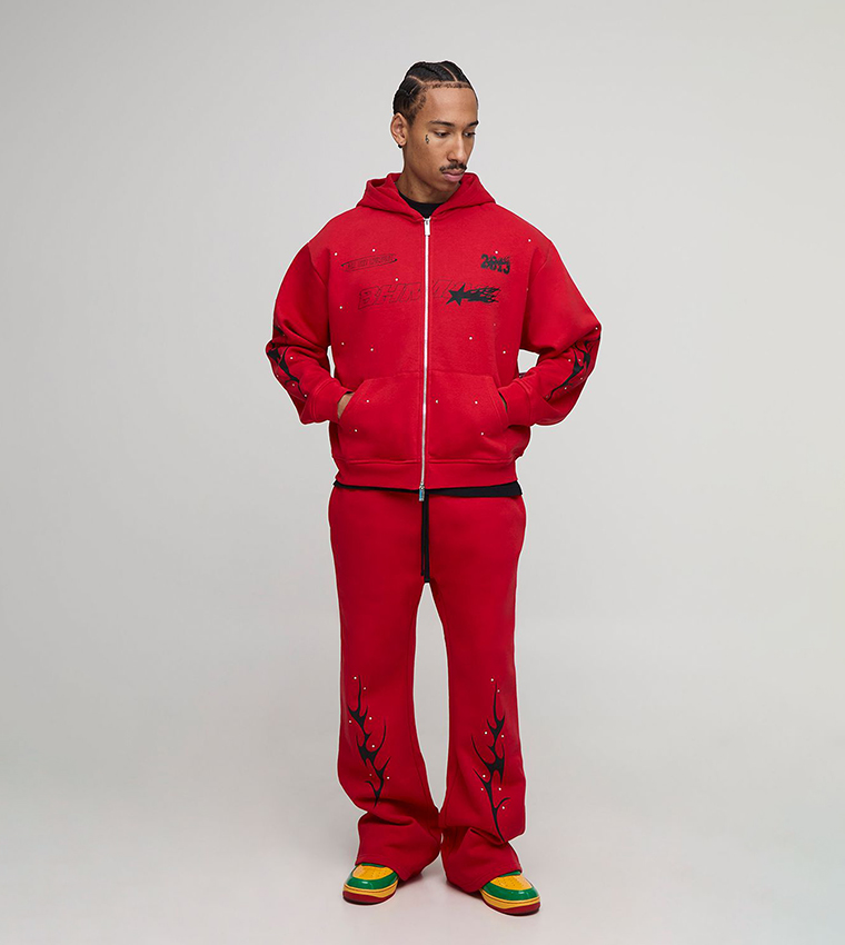 Buy BoohooMAN Rhinestone Moto Zip Up Co Ord Set In Red | 6thStreet ...
