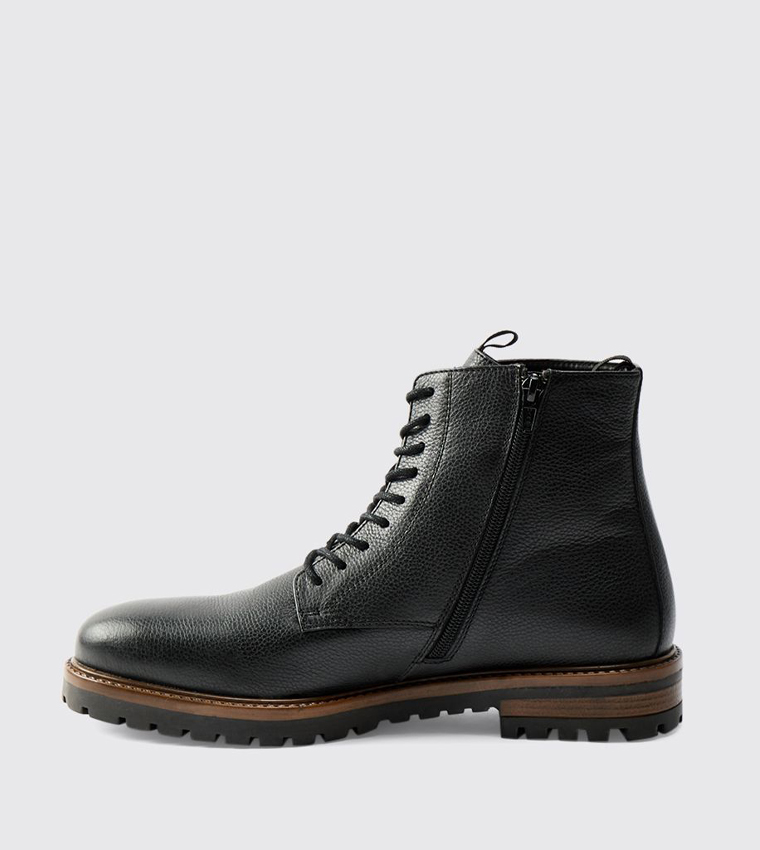 Buy BoohooMAN Real Leather Textured Lace Up Boots In Black | 6thStreet UAE