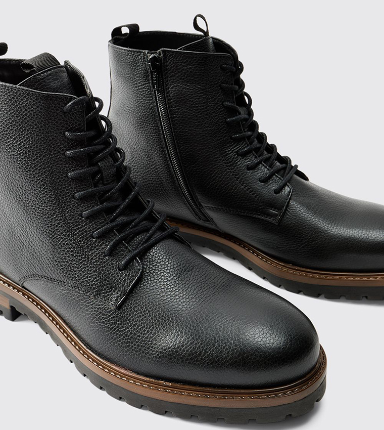 Buy BoohooMAN Real Leather Textured Lace Up Boots In Black | 6thStreet UAE