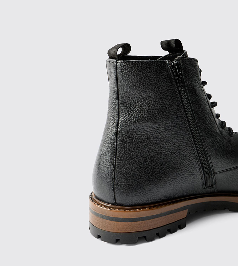 Buy BoohooMAN Real Leather Textured Lace Up Boots In Black | 6thStreet UAE
