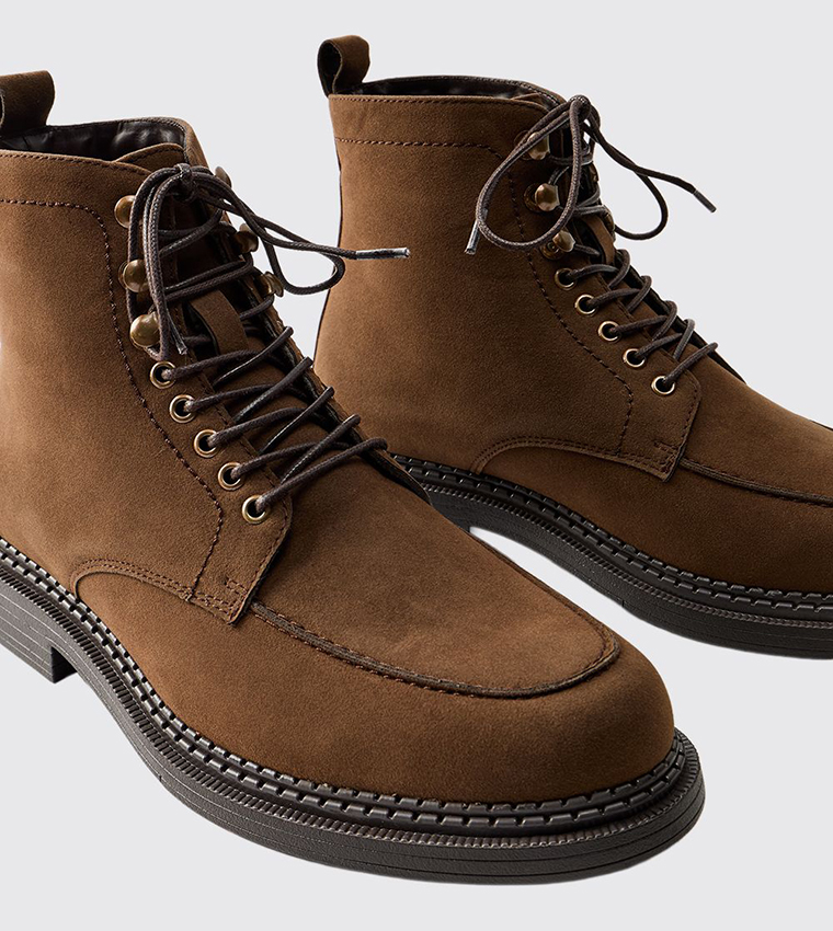 Buy BoohooMAN Faux Suede Chunky Sole Hiking Detail Boots In Brown ...