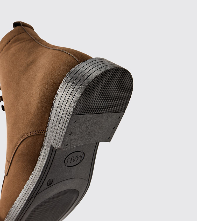 Buy BoohooMAN Faux Suede Chunky Sole Hiking Detail Boots In Brown ...