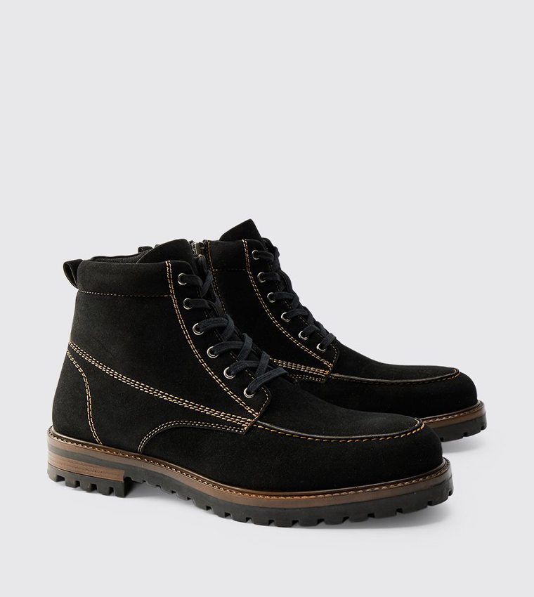 Buy BoohooMAN Faux Suede Contrast Stitching Lace Up Boots In Black ...