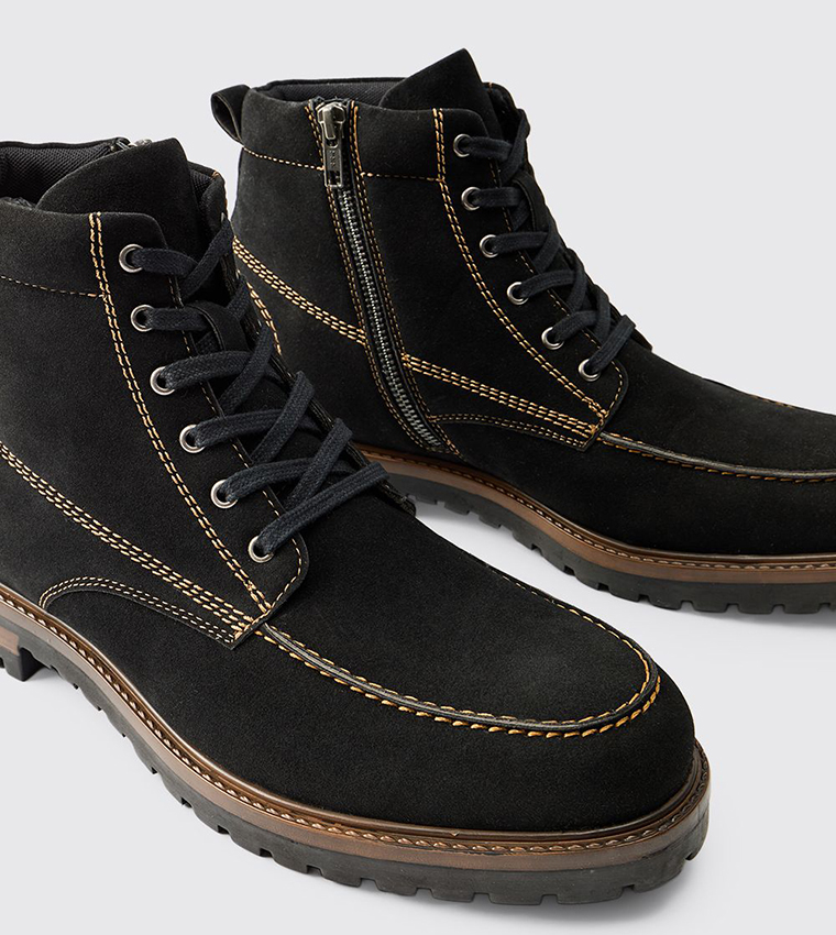 Buy BoohooMAN Faux Suede Contrast Stitching Lace Up Boots In Black ...