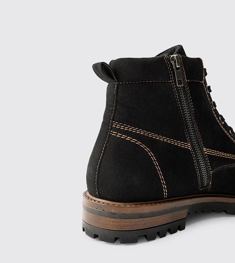 Buy BoohooMAN Faux Suede Contrast Stitching Lace Up Boots In Black ...