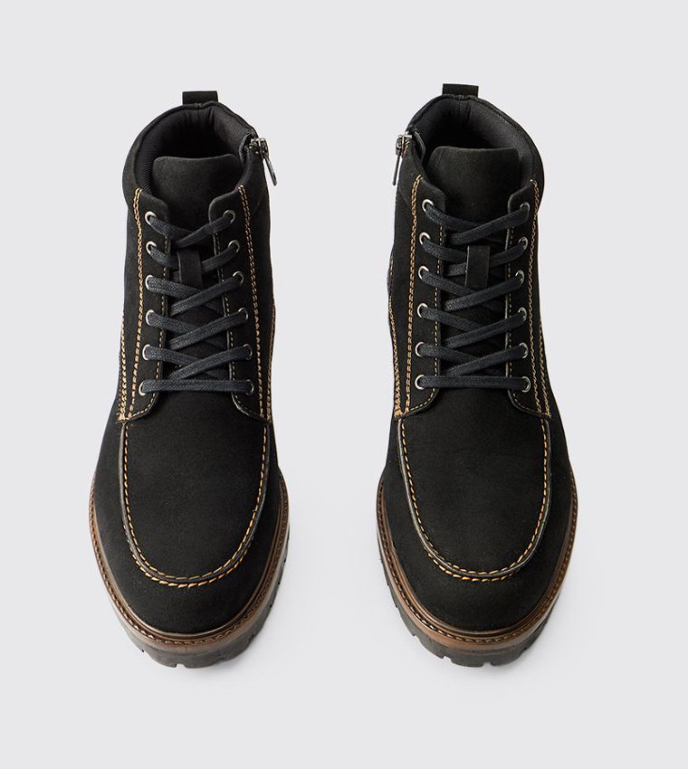 Buy BoohooMAN Faux Suede Contrast Stitching Lace Up Boots In Black ...