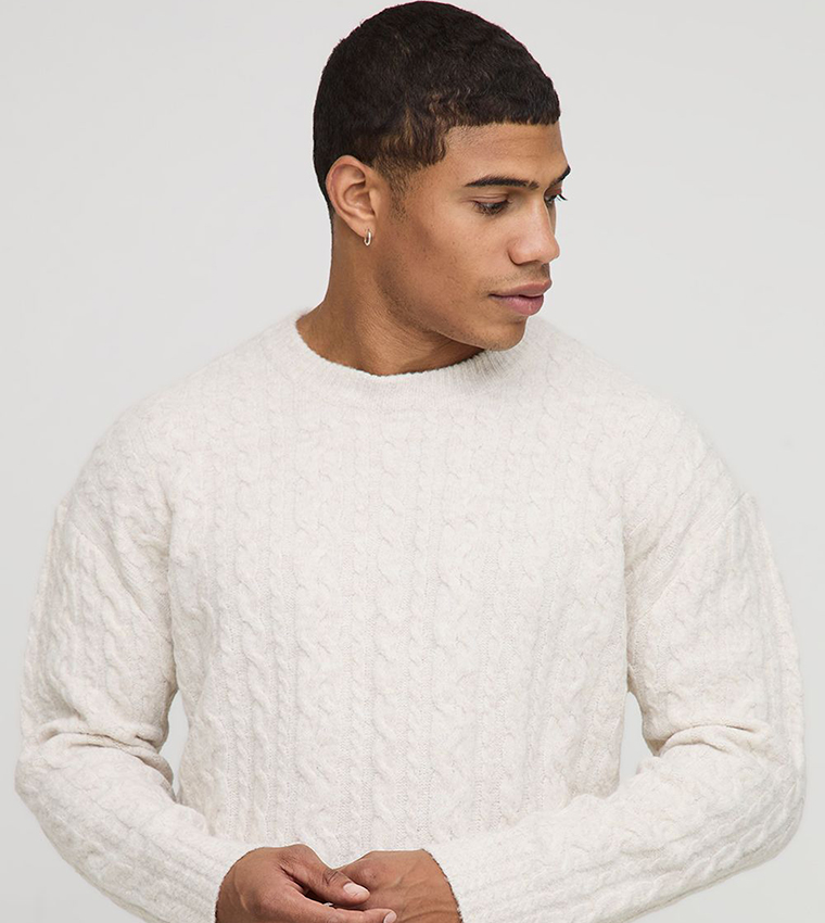 Buy BoohooMAN Cable Knit Shrunken Boxy Fit Extended Neck Sweater In ...