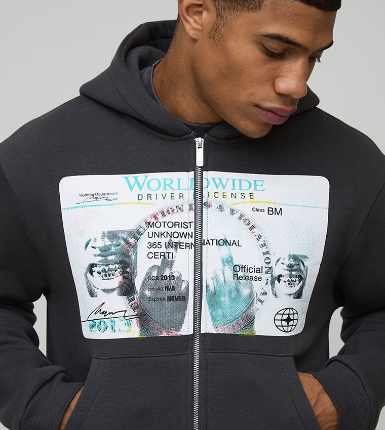 Buy BoohooMAN Shrunken Washed License Graphic Zip Through Hooded Jacket ...