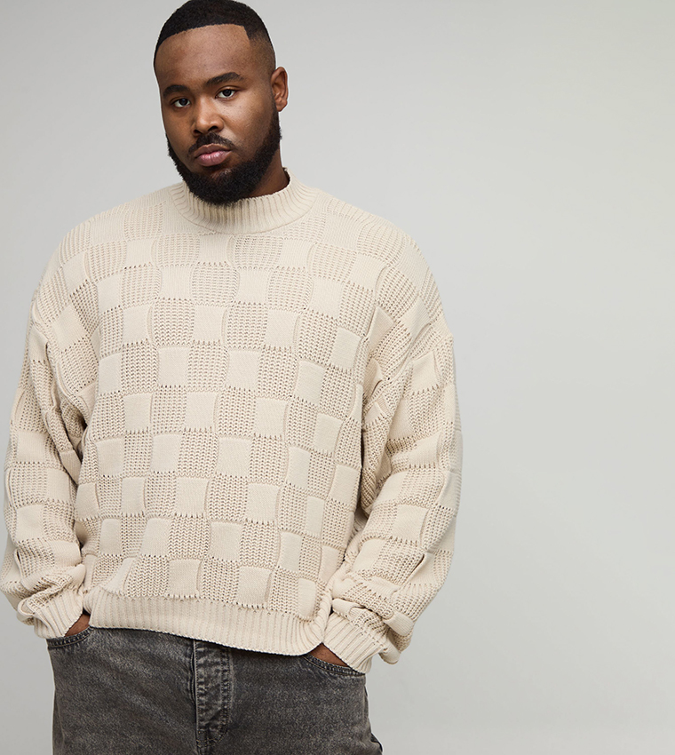 Buy BoohooMAN Plus & Tall High Neck Cable Knitted Oversized Sweater In ...