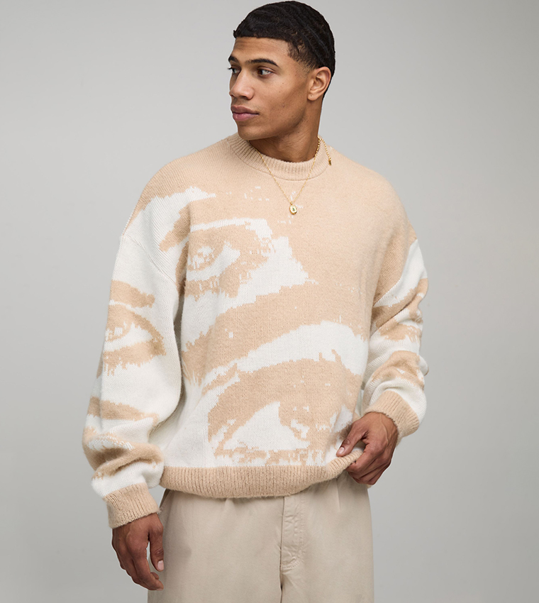 Buy BoohooMAN Brushed Eye Print Crew Neck Oversized Sweater In Beige ...