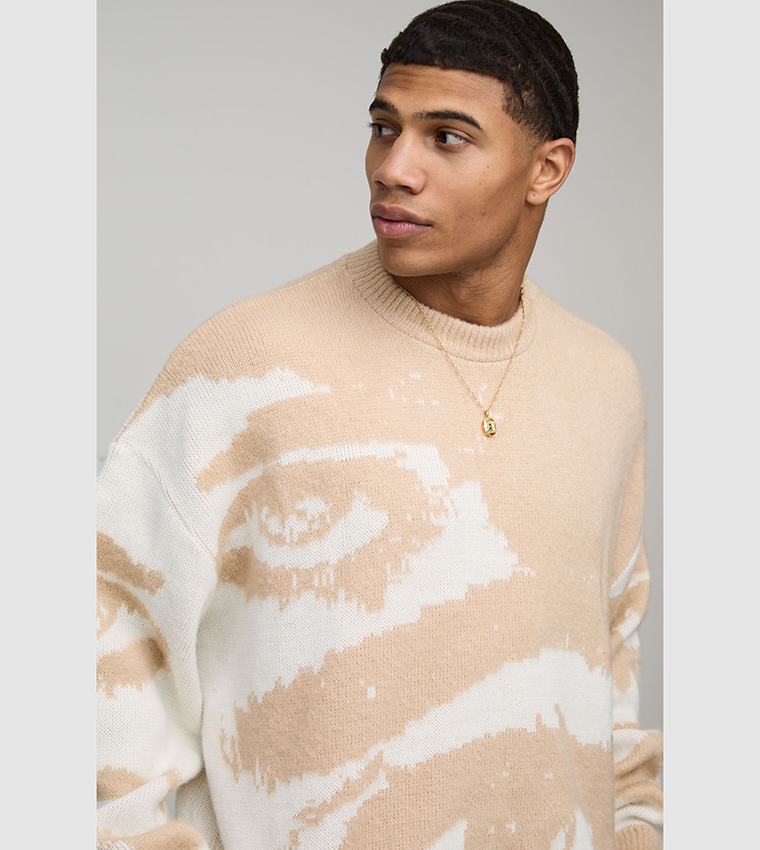 Buy BoohooMAN Brushed Eye Print Crew Neck Oversized Sweater In Beige ...