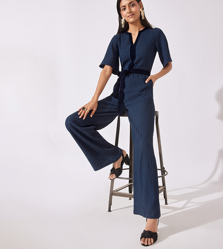Buy The Label Life Contrast Trim Split Neck Jumpsuit In Navy ...