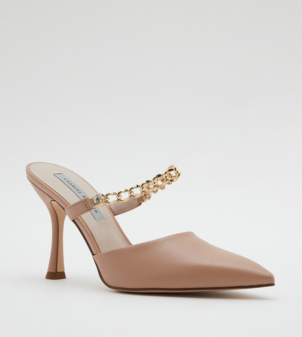 Buy Charles & Keith Chain Link Strap Heeled Mules In Nude | 6thStreet UAE