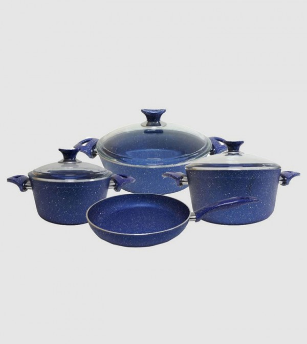 Buy In House Granite Cookware Set Of 7 Pieces Blue Pyrex Lids In Blue ...