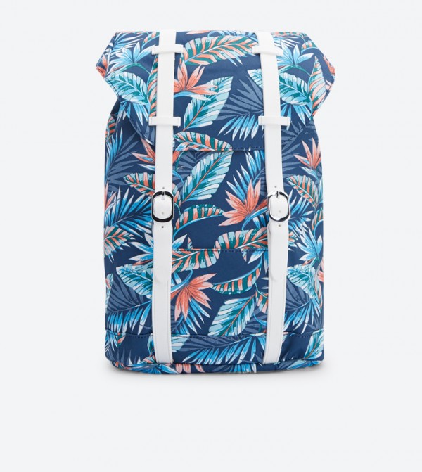 Buy R&B Front Flap With Drawstring Closure Leaf Printed Backpack Blue ...
