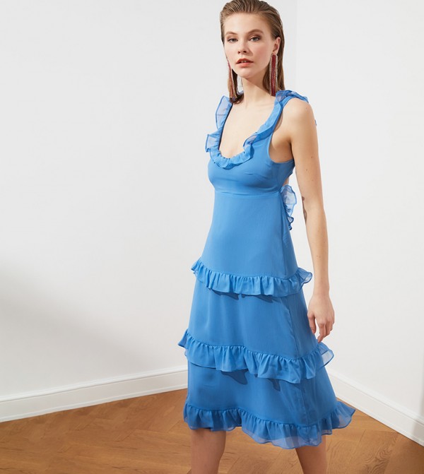 Buy Trendyol Frilly Chiffon Dress In Blue | 6thStreet Qatar