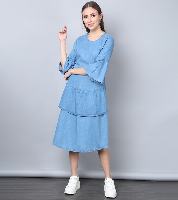 Buy HIS & HERS Casual Layered Denim Midi Dress In Blue | 6thStreet Qatar