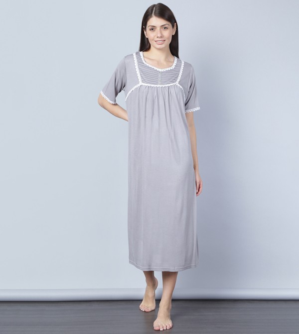 Buy HIS & HERS Solid Maxi Night Dress In Grey | 6thStreet Oman