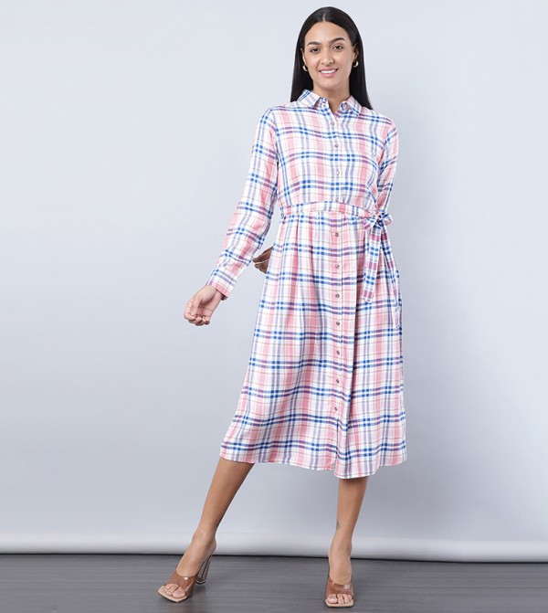 Buy HIS & HERS Plaid Check Belted Midi Dress In MULTICOLOUR | 6thStreet ...