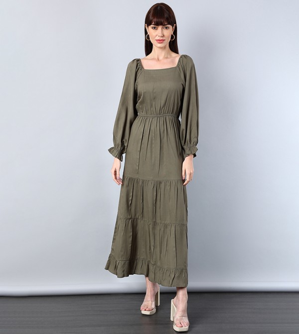 Buy HIS & HERS Casual Tiered Maxi Dress In Olive | 6thStreet Qatar
