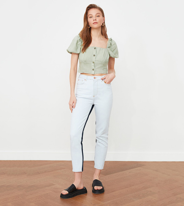 Buy Trendyol High Waist Colorblocked Mom Jeans In Blue | 6thStreet ...