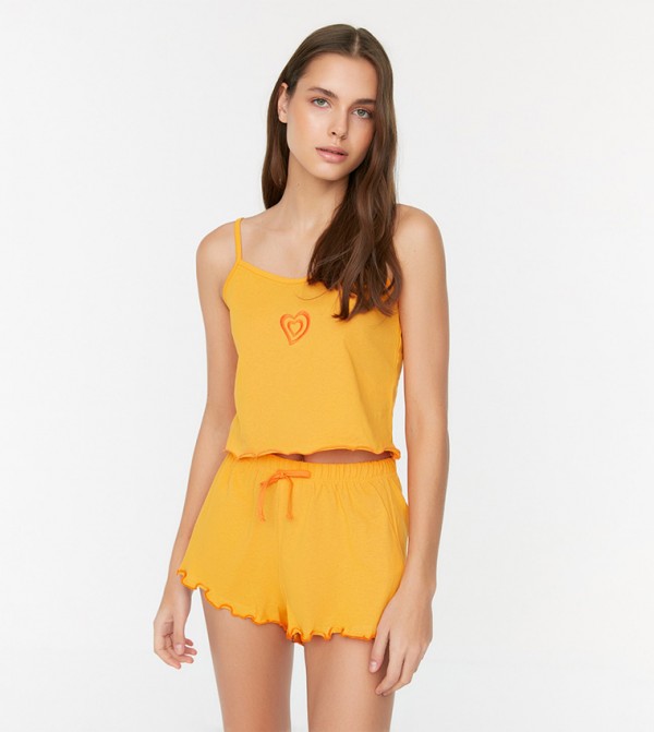 Buy Trendyol Embroidered Lettuce Hem Night Suit In Orange | 6thStreet Qatar