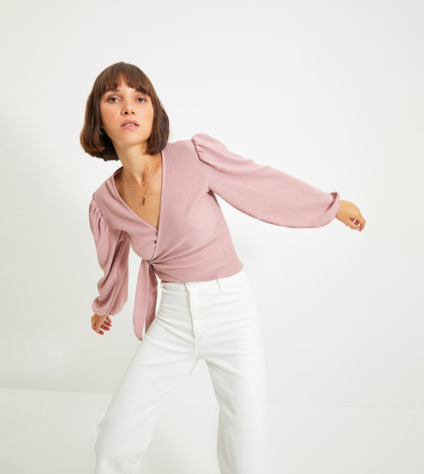 Buy Trendyol Tie Up Cross Over Crop Top In Pink | 6thStreet UAE