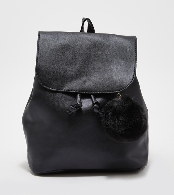 Buy Ardene Flap Backpack With Pom Pom Detail In Black | 6thStreet UAE