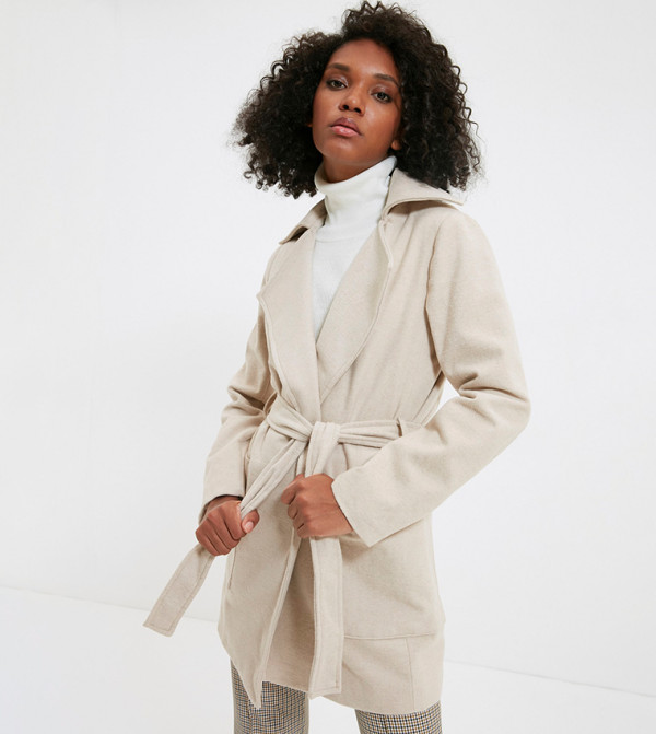 Buy Trendyol Belted Wool Cachet Coat In Beige | 6thStreet Kuwait