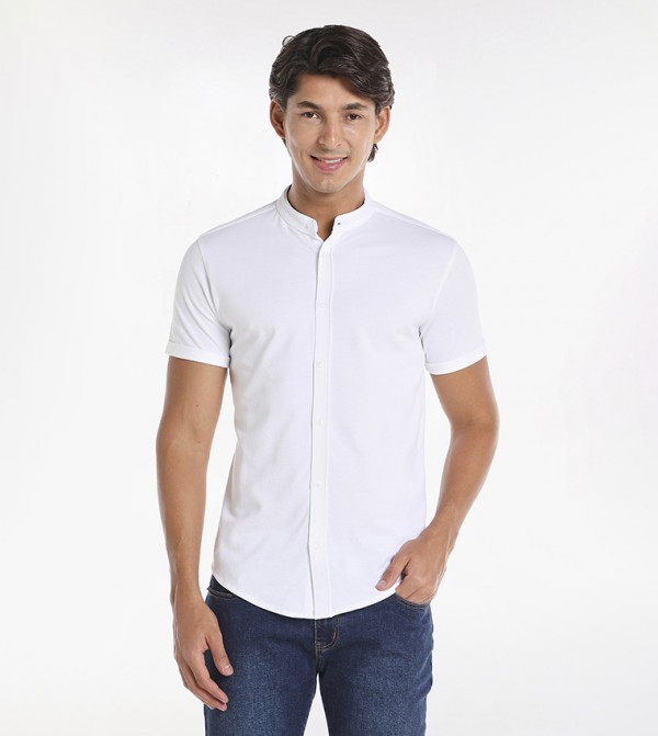 Buy R&B Solid Knit Shirt With Mandarin Collar And Short Sleeves In ...