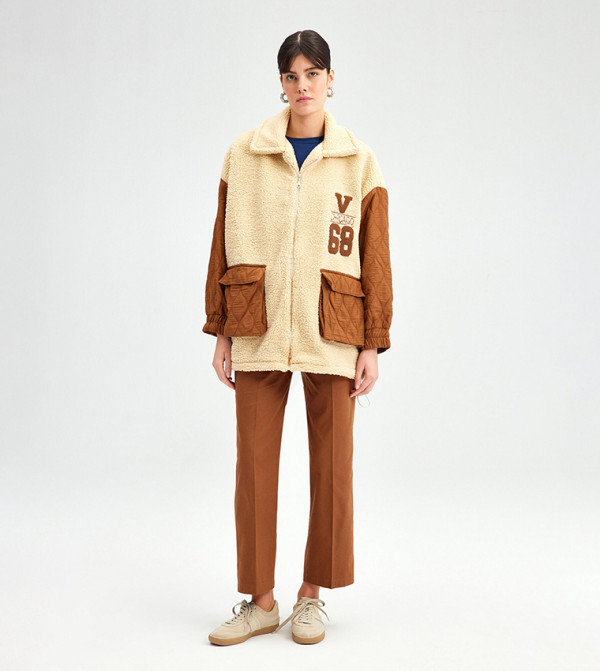 Buy Touché Quilted Pocket Detail Faux Fur Coat In Beige | 6thStreet Kuwait